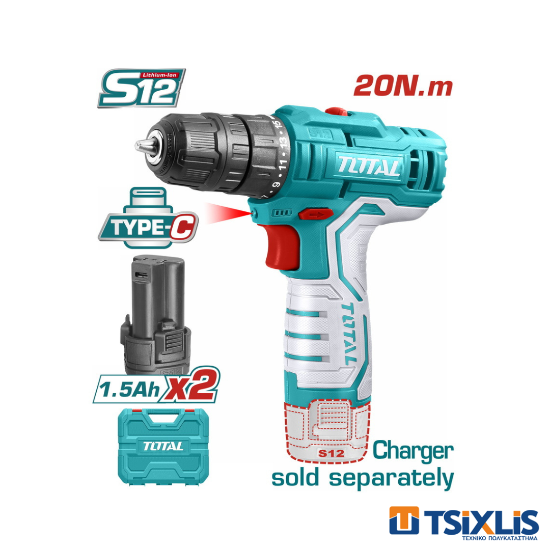 Δραπανοκατσάβιδο Μπαταρίας TOTAL Li-ion 12V /2x1.5Ah / 20Nm - (TDLI12328)